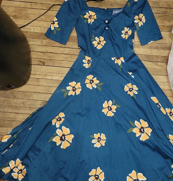 Collectif | Dresses | Collectif Vintage Blue Dress With Yellow Floral ...
